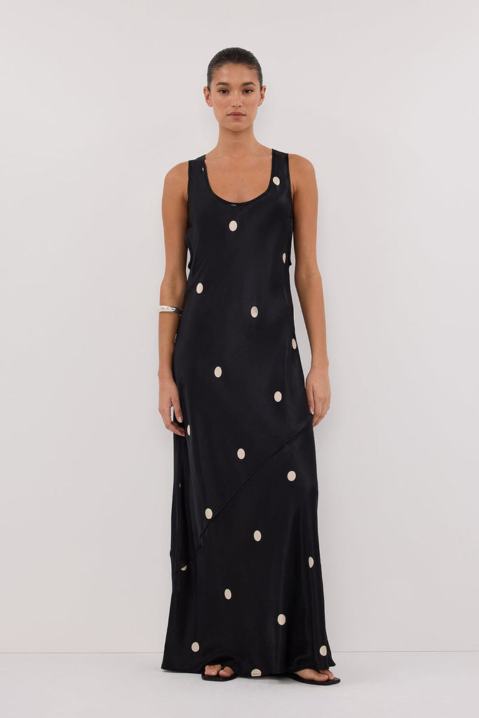 LAURA BLACK SPOT SILK MAXI DRESS | Dissh