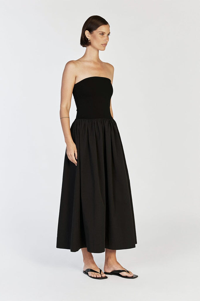 SOPHIE BLACK STRAPLESS MIDI DRESS | Dissh