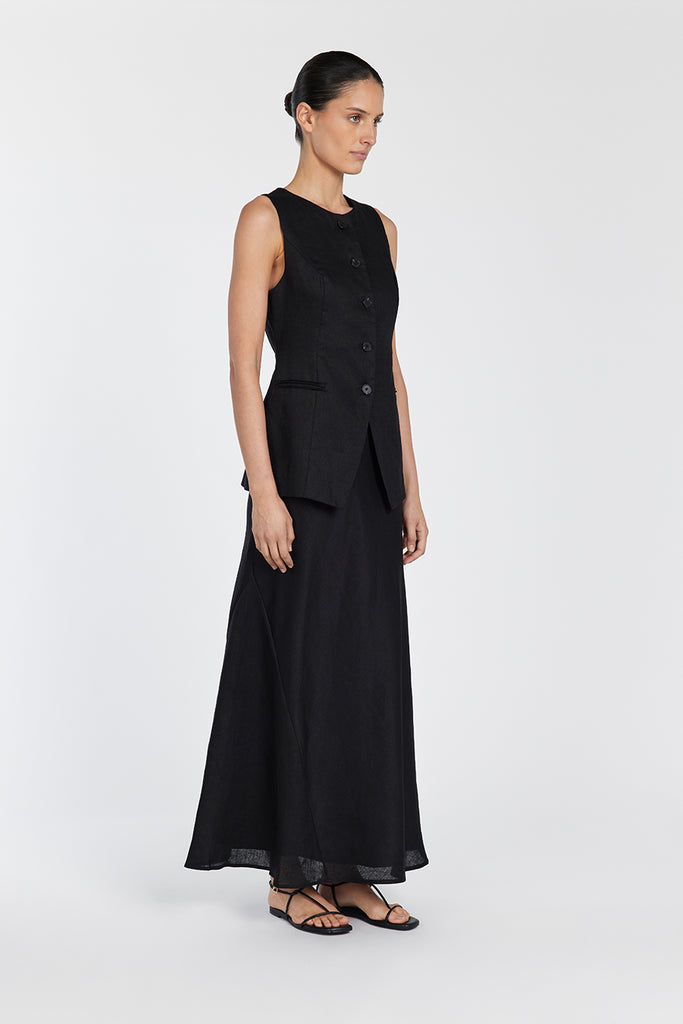 Syrah Black Linen Midi Skirt Dissh