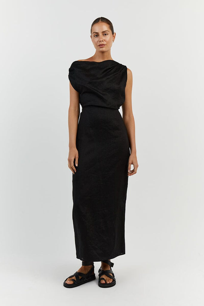 Cass Black Linen Asym Midi Dress Dissh