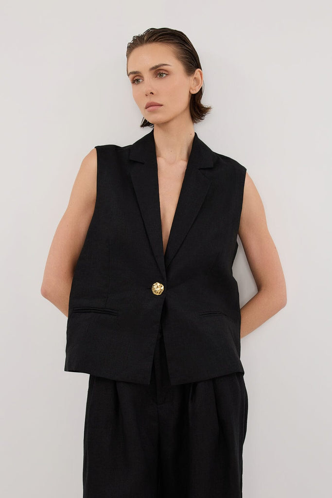 SELAH BLACK LINEN SLEEVELESS VEST | Dissh