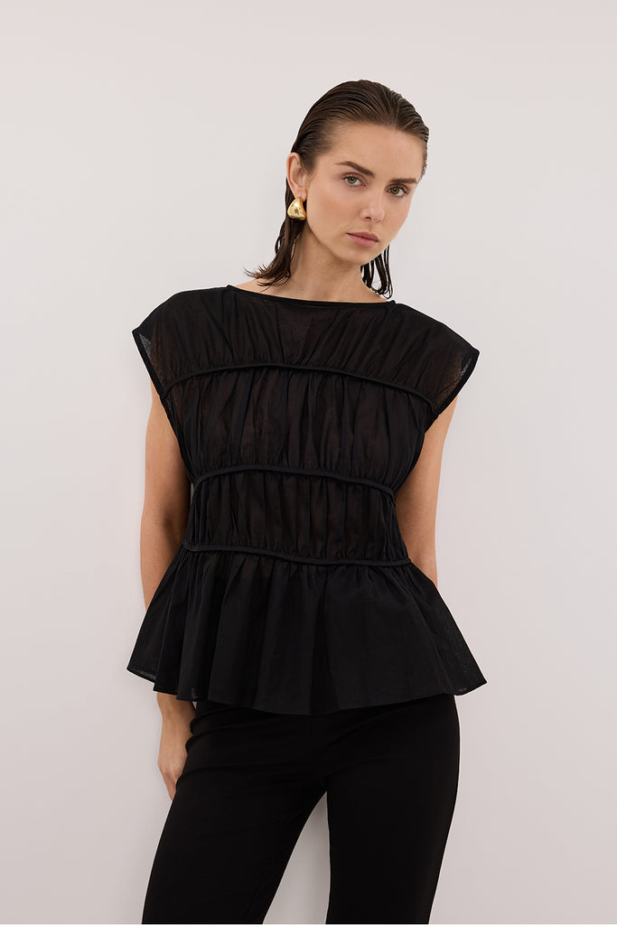 FLYNN BLACK LINEN BLEND TIERED TOP | Dissh