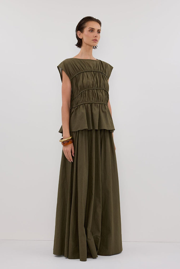 FLYNN OLIVE LINEN BLEND TIERED TOP | Dissh