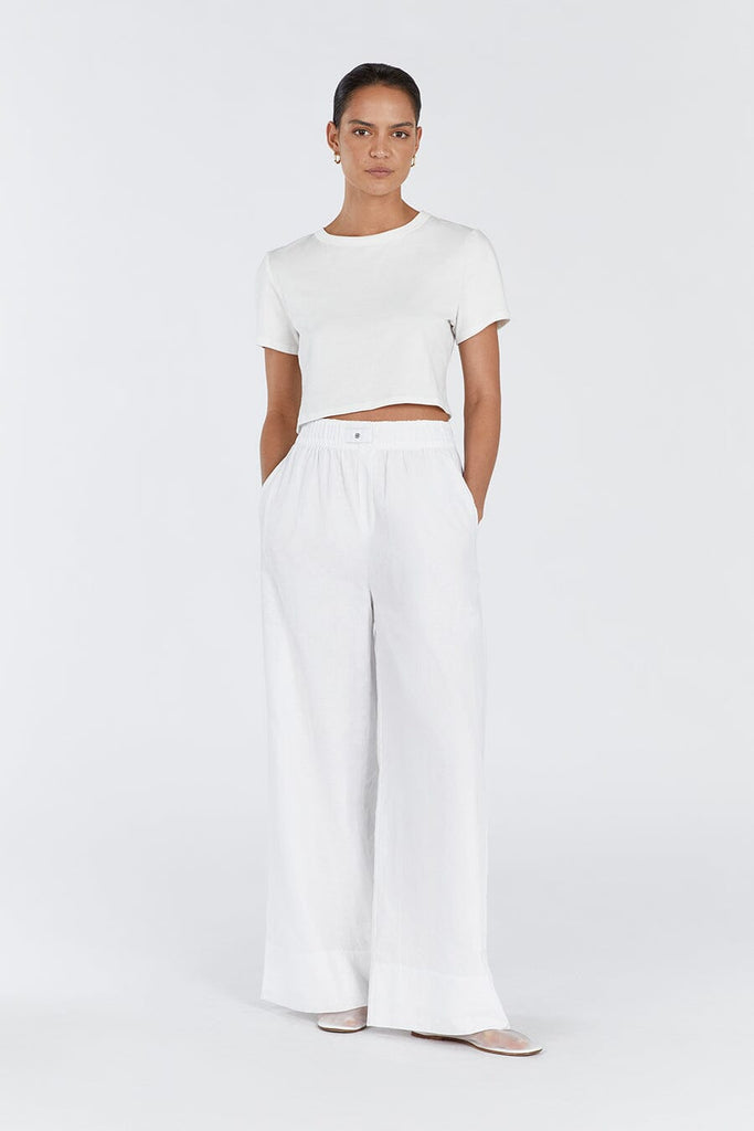 LAIKEN WHITE WIDE LEG LINEN PANT | Dissh