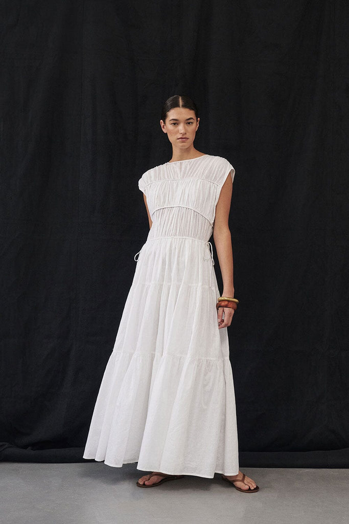 FLYNN WHITE LINEN BLEND MIDI DRESS | Dissh