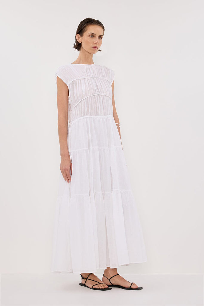 FLYNN WHITE LINEN BLEND MIDI DRESS | Dissh