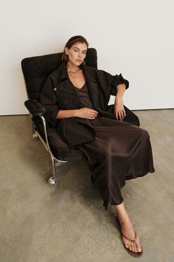 COLETTE BITTER CHOC SILK DRESS | Dissh