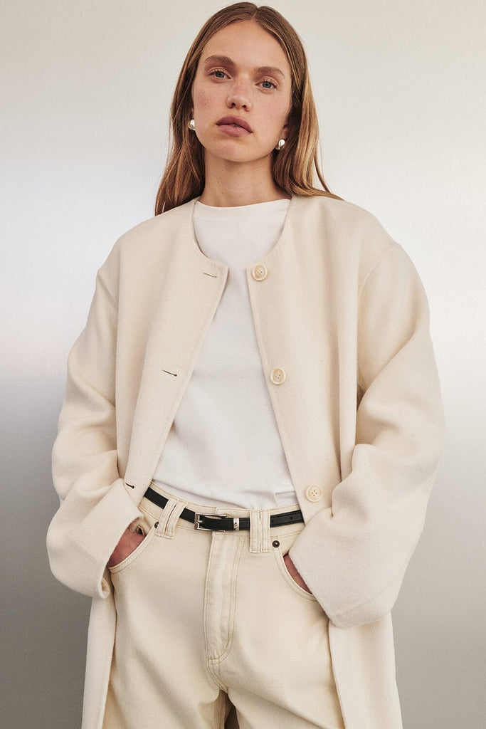 GRETA OFF WHITE COLLARLESS WOOL BLEND COAT | Dissh