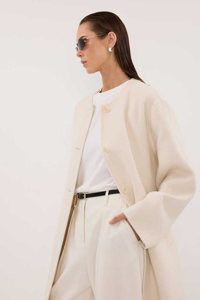 GRETA OFF WHITE COLLARLESS WOOL BLEND COAT | Dissh