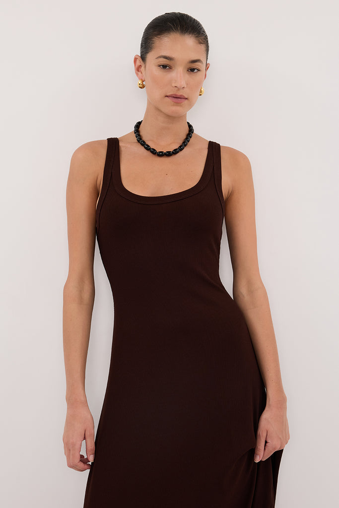 PHOEBE BURNT CHOC SCOOP NECK DRESS | Dissh