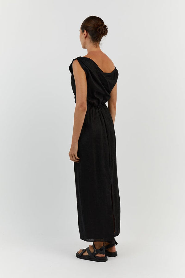 Cass Black Linen Asym Midi Dress Dissh