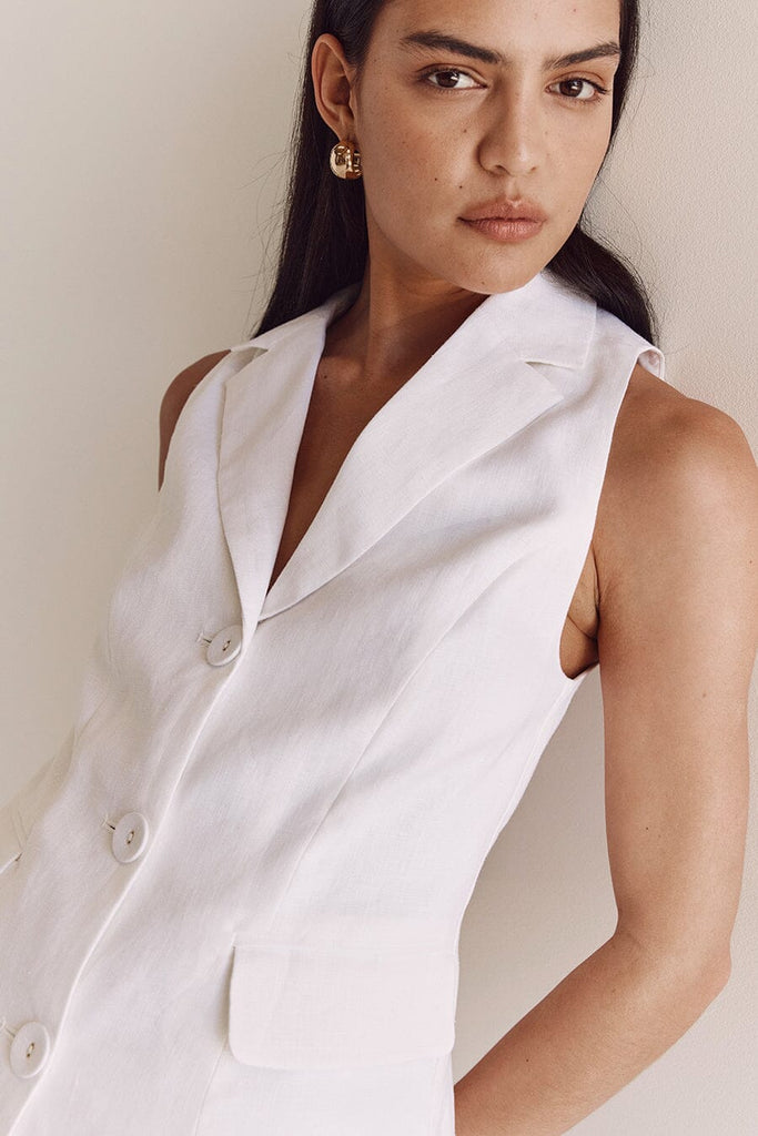 KRISTIN WHITE LINEN LONGLINE VEST | Dissh